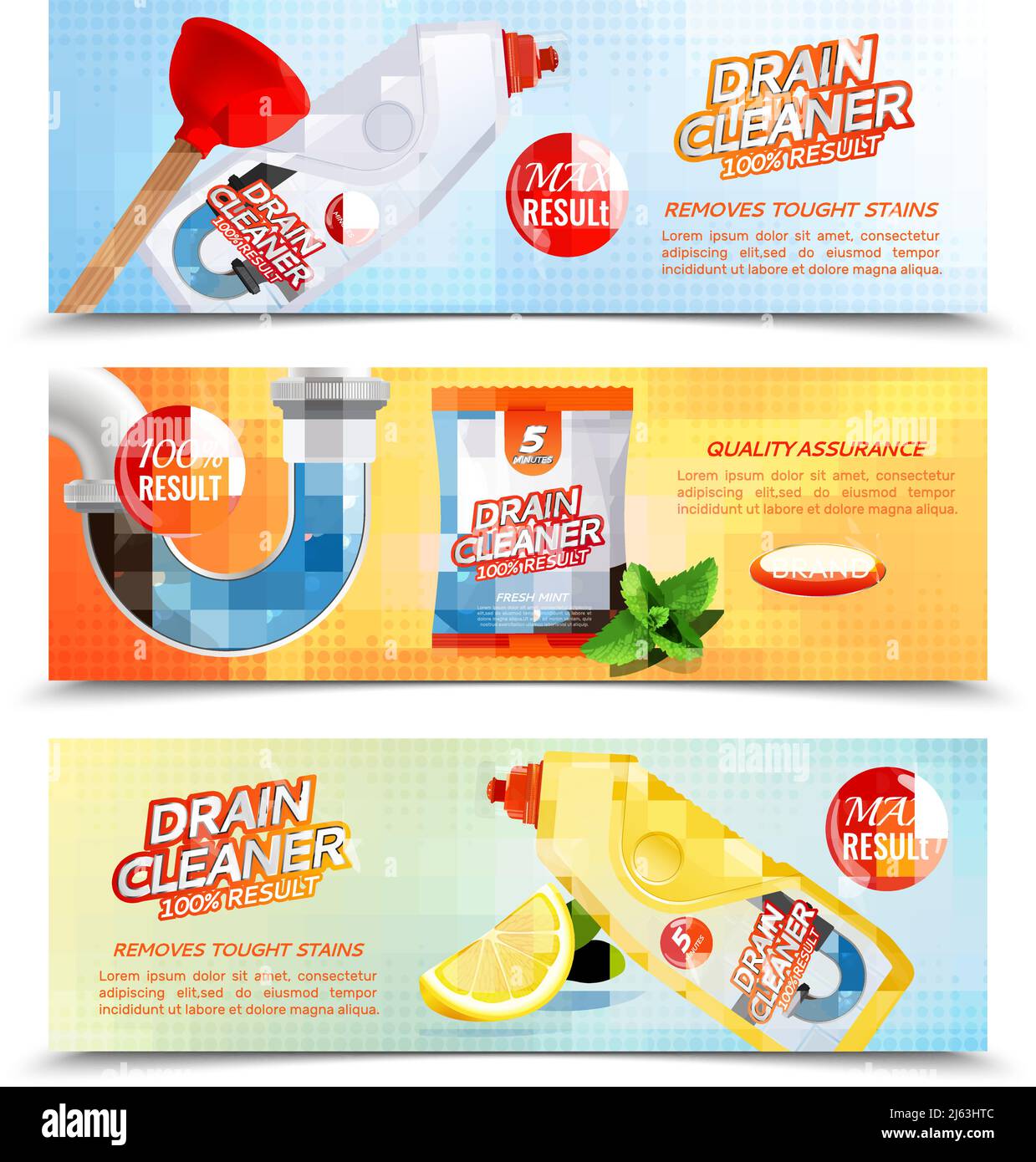 Drain cleaner horizontal banners collection with advertising images of ...