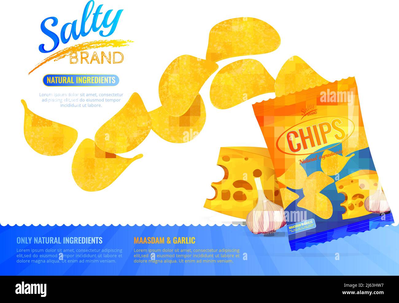 Salty snacks poster with branded product package realistic images of ...