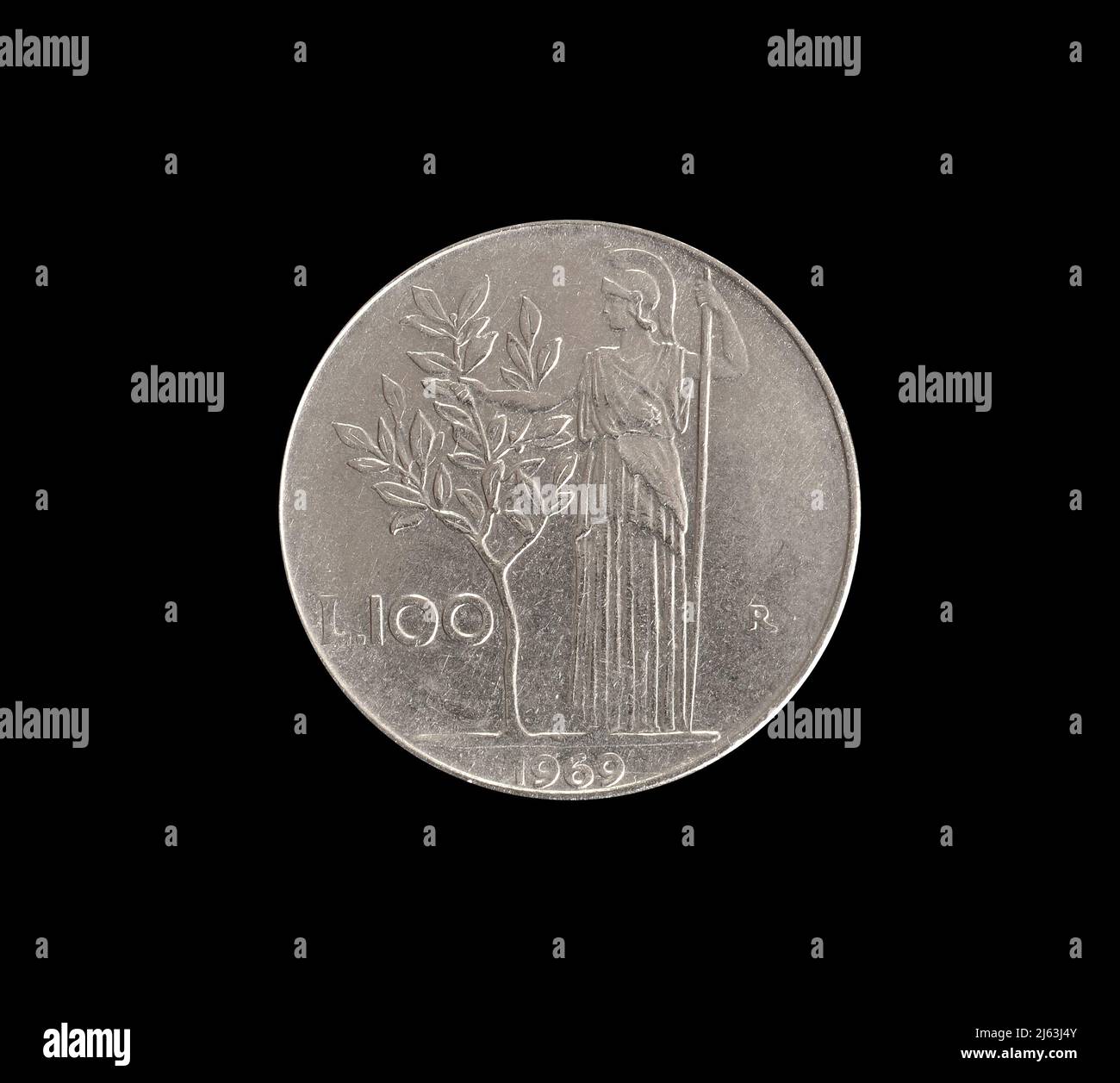 Reverse of 100 lira coin made by Italy in 1969, that shows Standing ...