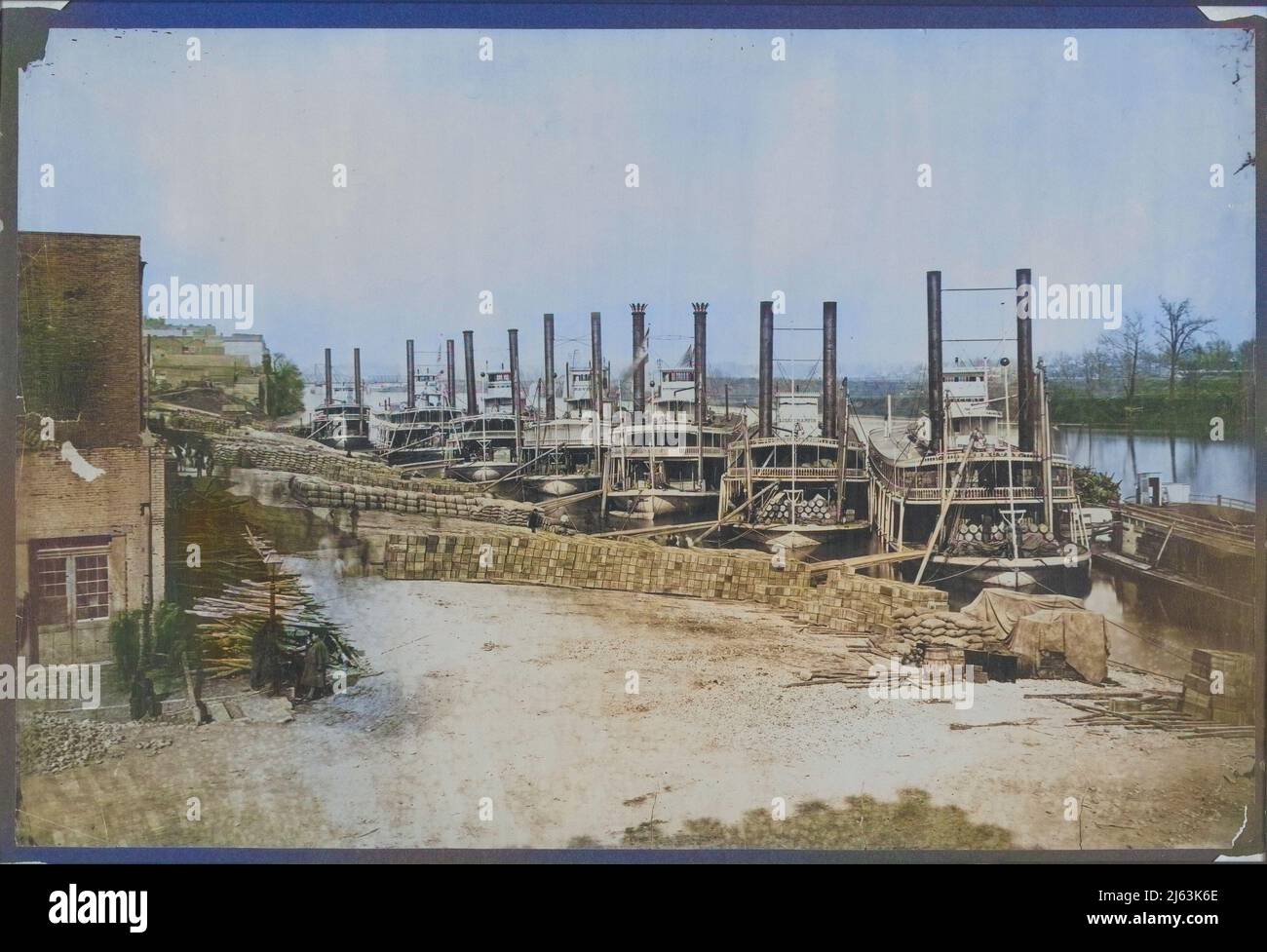 Supply Steamers at Nashville, Tennessee. 1862. Supplies such crates of ...