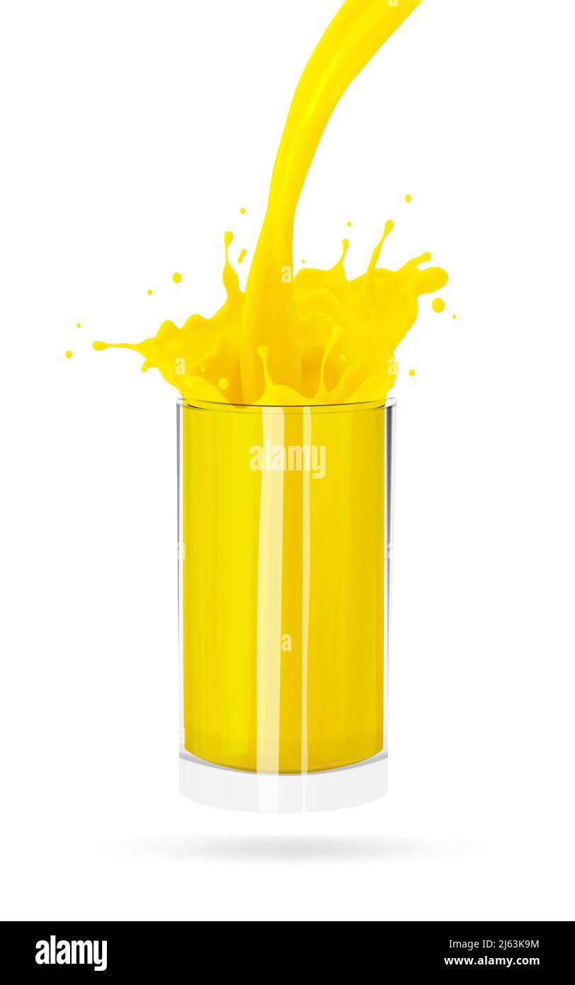 glass of orange juice, splatter orange splashes of paint, 3d realistic ...
