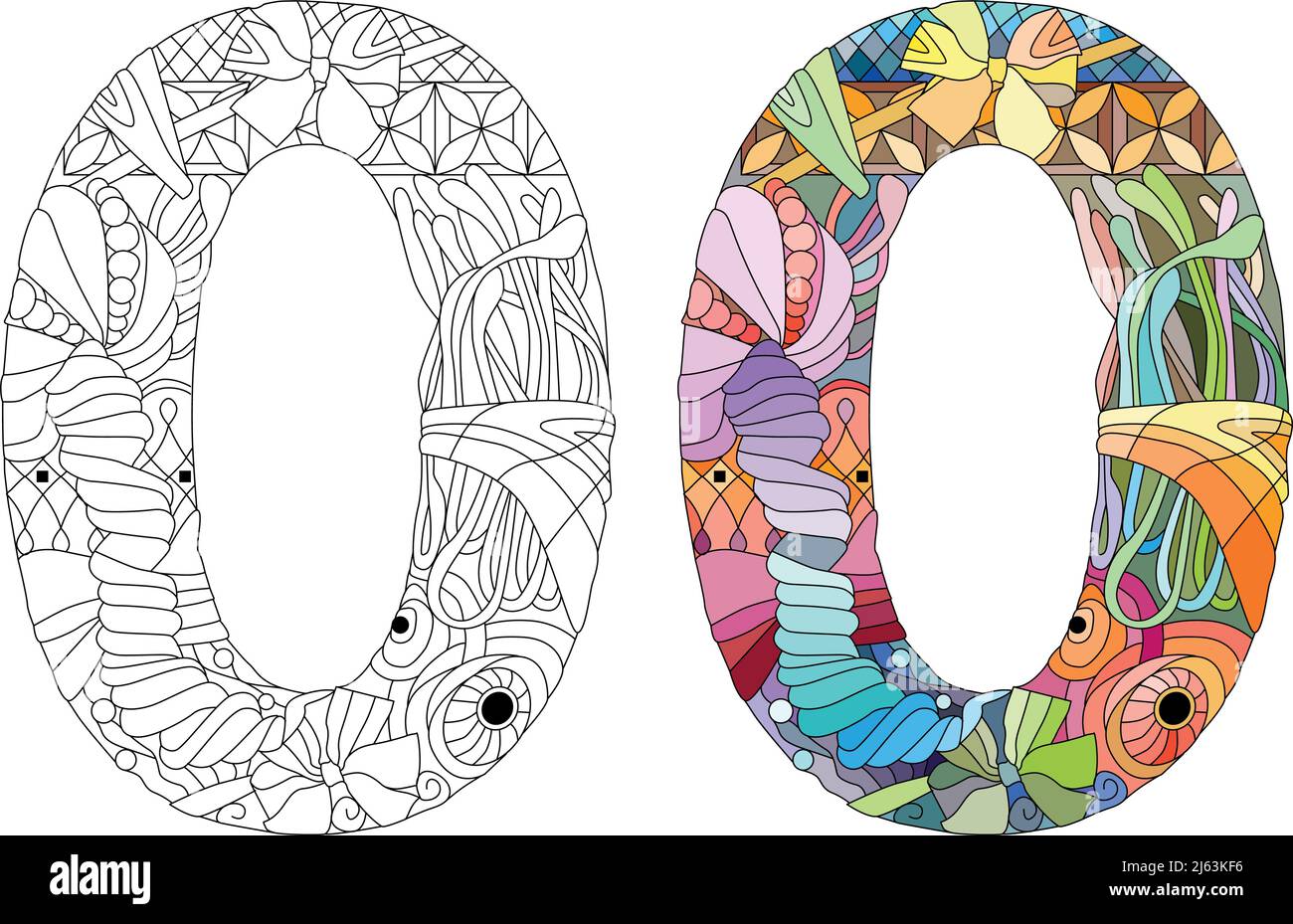 Digit zero Isolated zentangle illustration for coloring. Color and ...