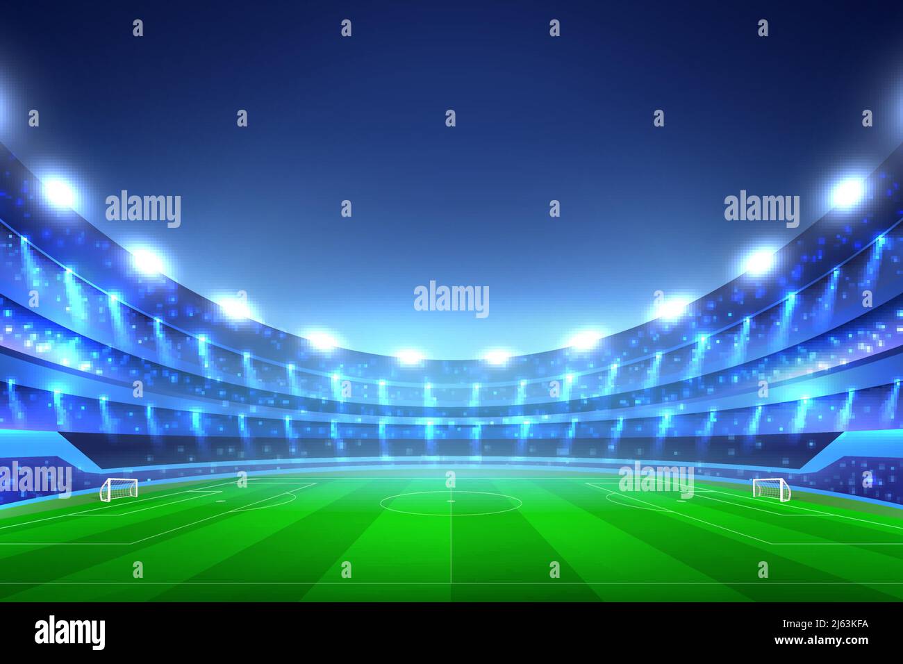 Soccer stadium perspective background with green lawn and white gates ...