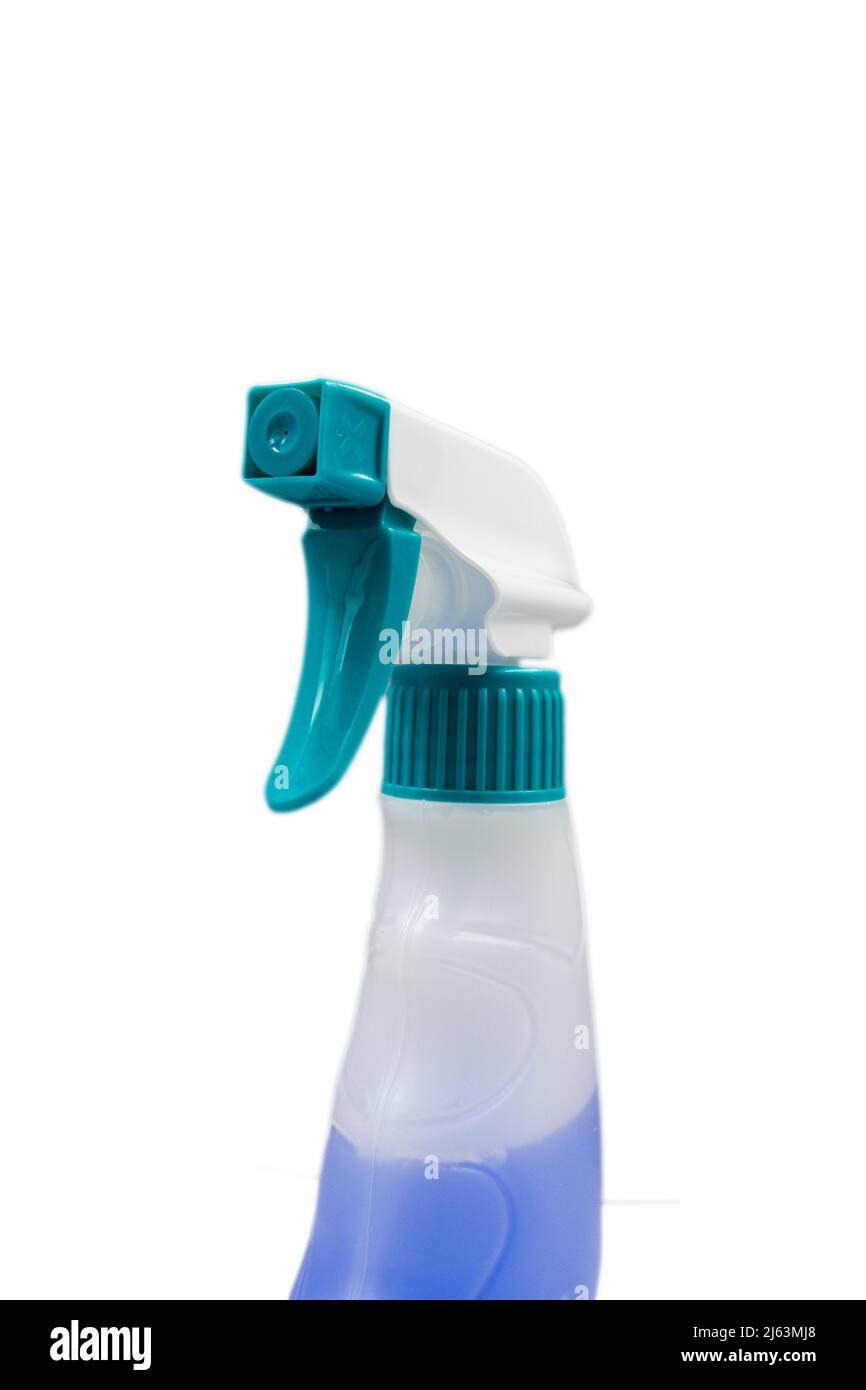 Plastic bottle of detergent, spray, isolated on white background. Close ...