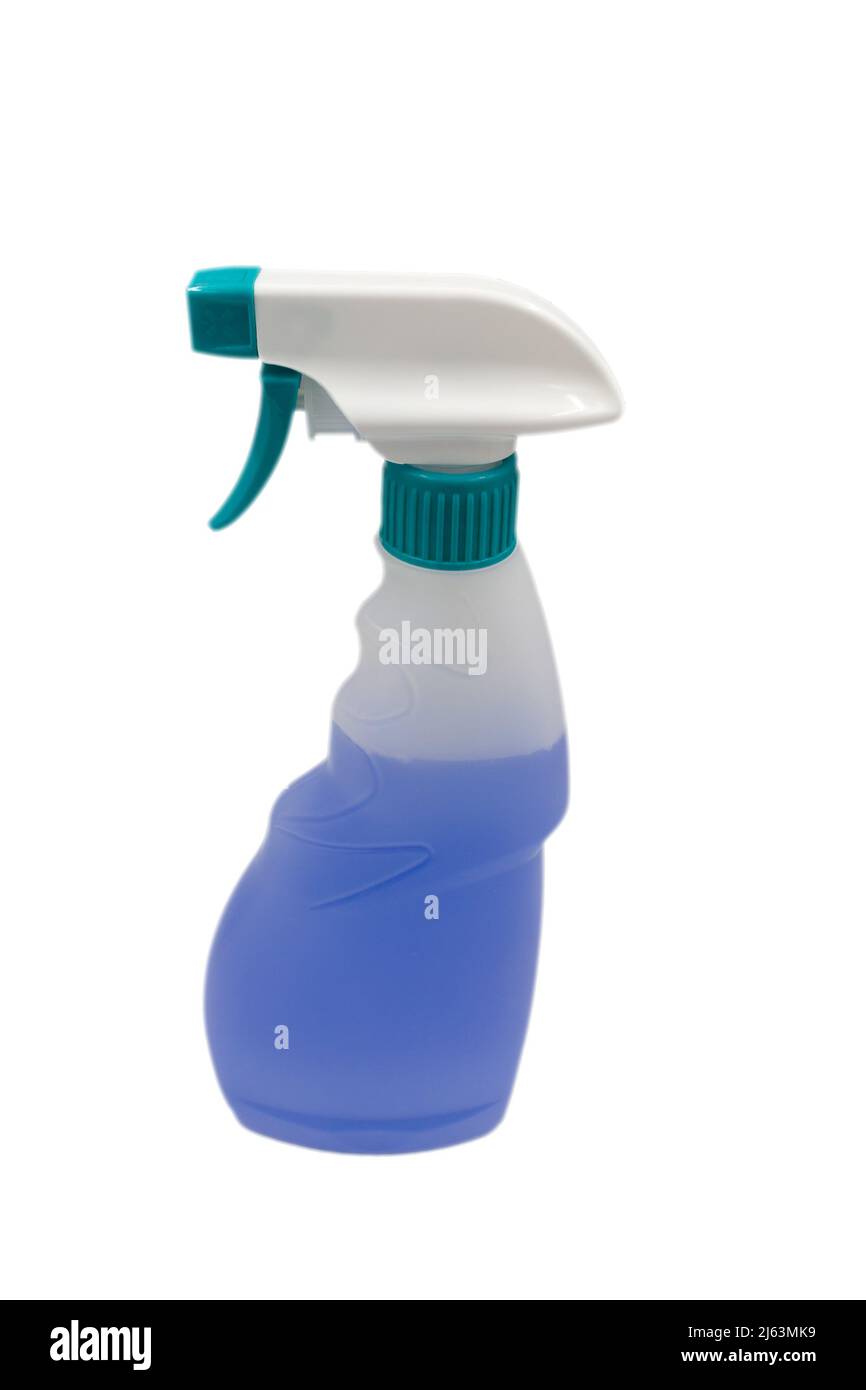 Plastic bottle of blue detergent, spray, isolated on white background ...