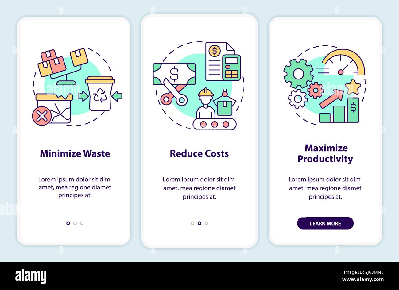 Purposes of lean manufacturing onboarding mobile app screen Stock ...
