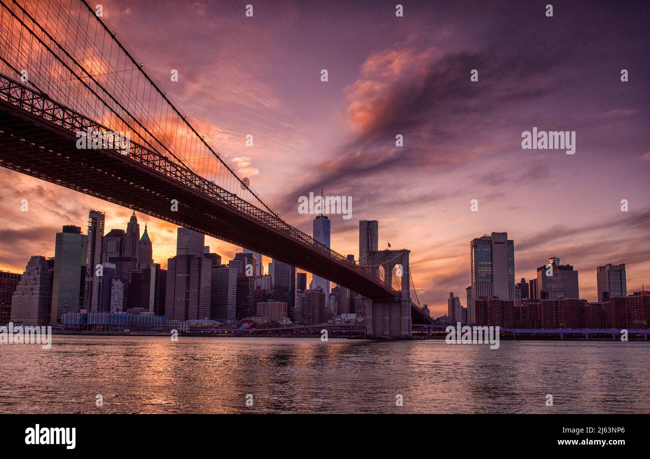 Sunset over Manhattan, captured from DUMBO in Brooklyn New York USA ...