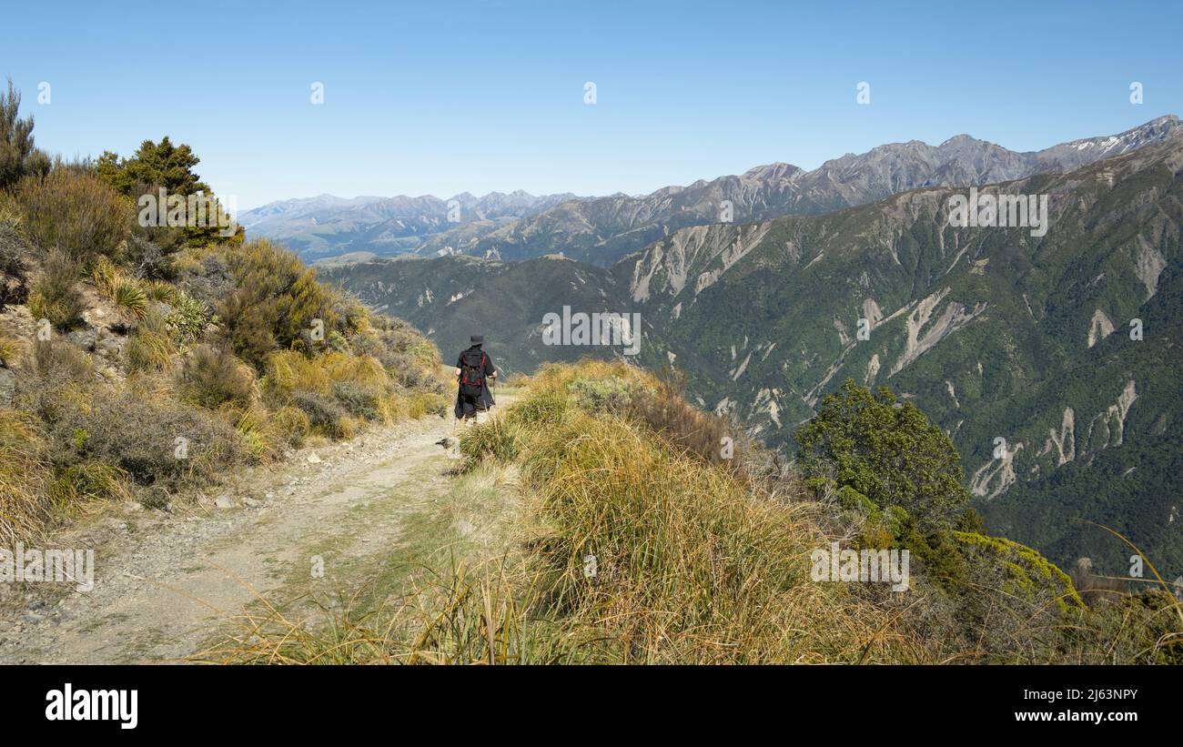 Hiking Mt Fyffe track with mountain peaks in the background, Kaikoura ...