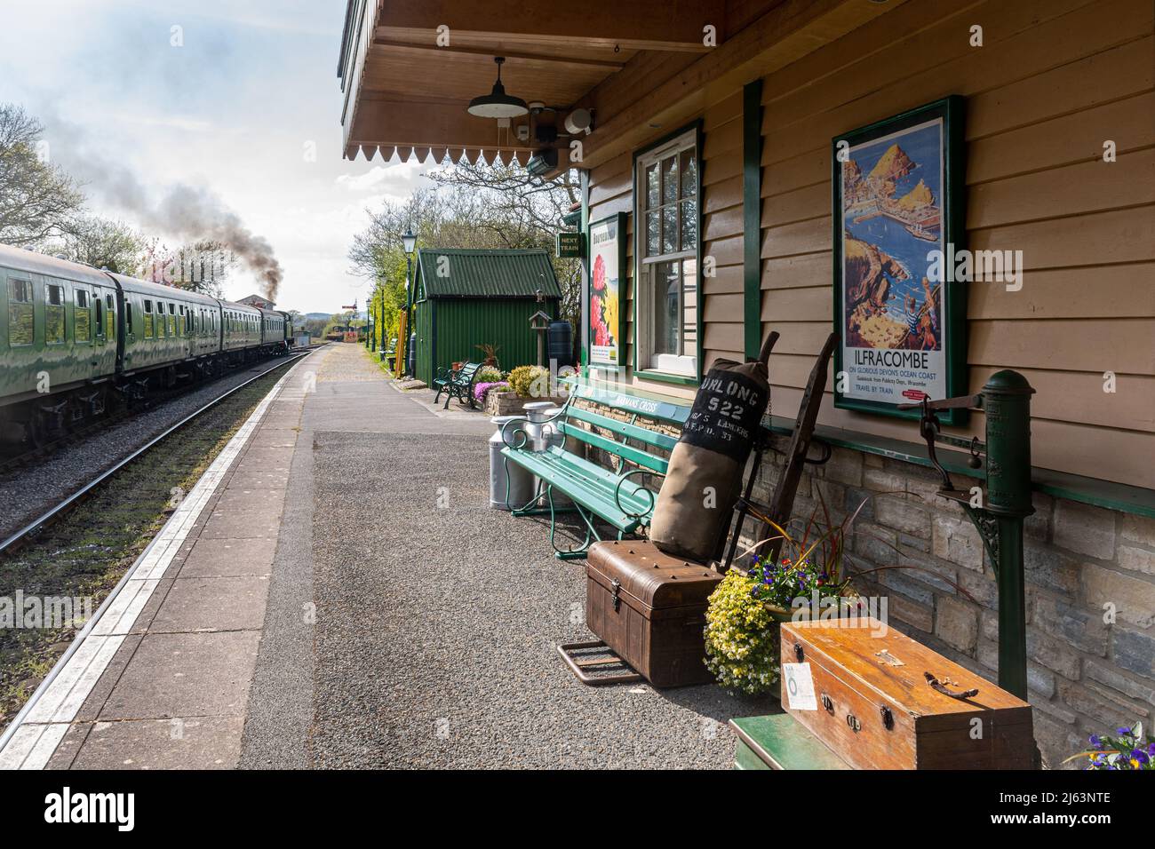Harmans Cross Station on the Swanage Railway with a steam train, Dorset ...