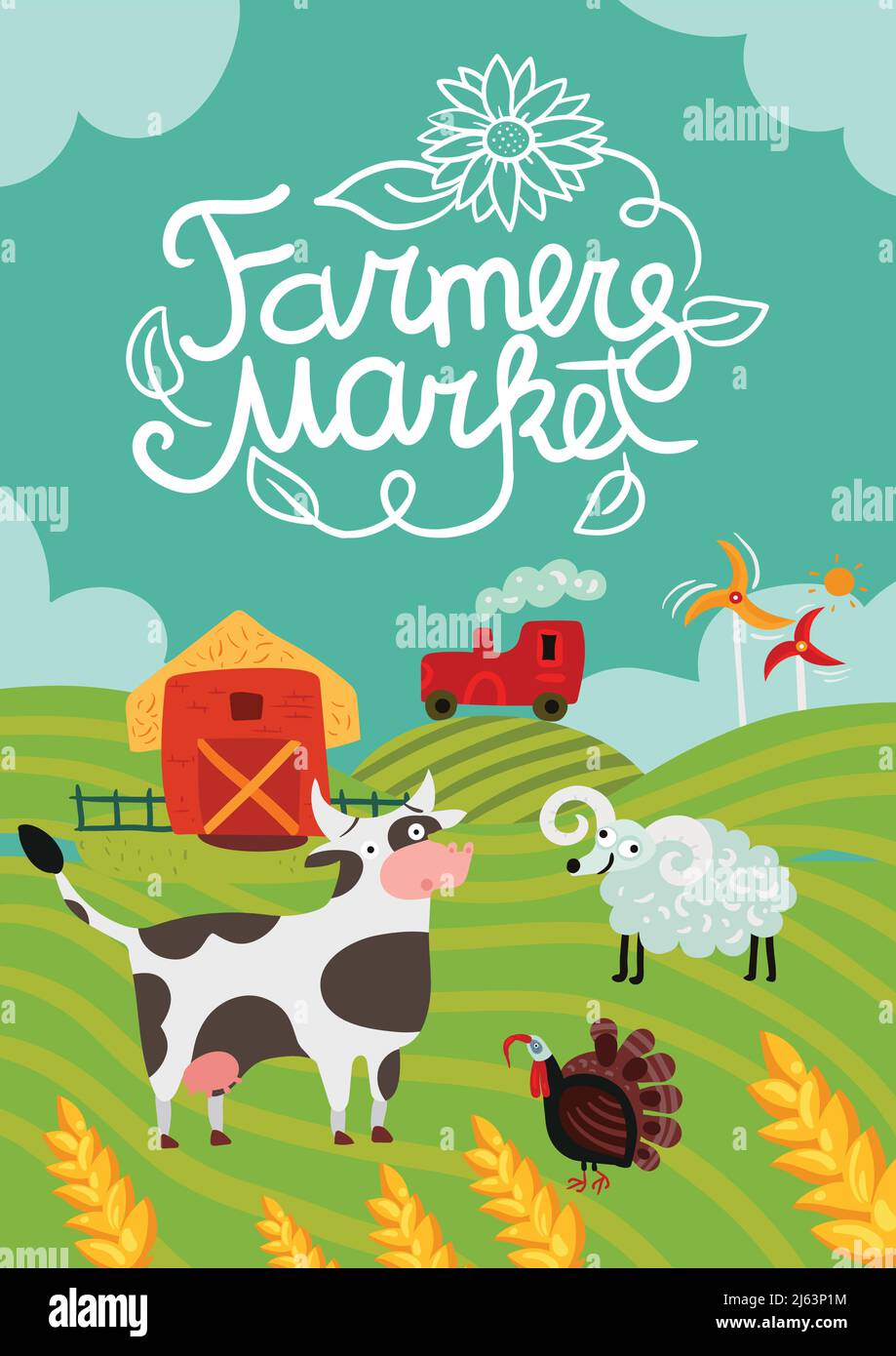 Farmers market poster with calligraphic lettering, tractor and ...