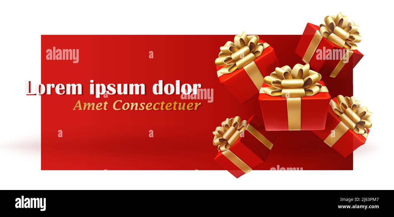 realsitic vector background. White gift boxes with golden ribbons and ...