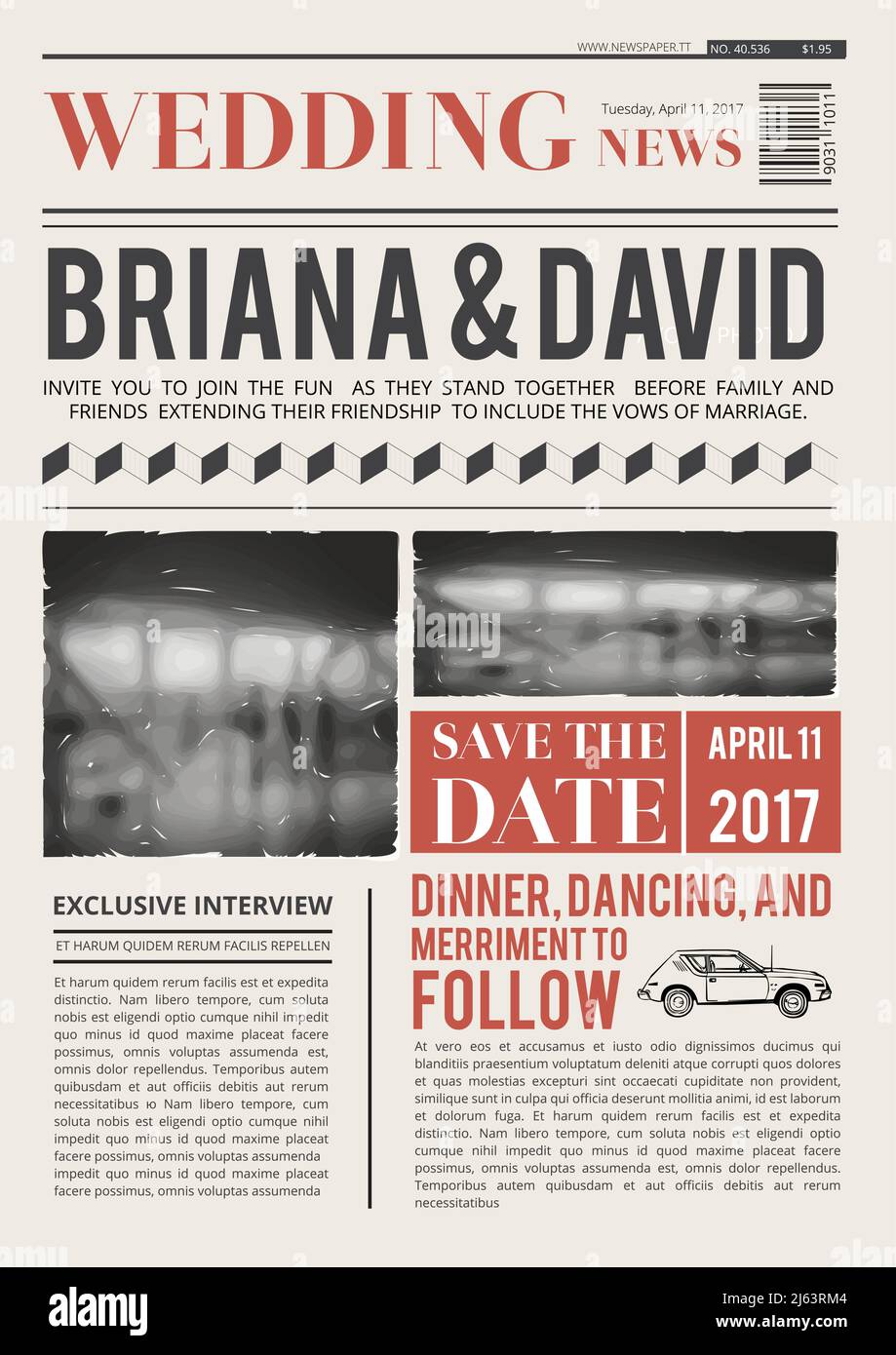 Wedding invitation in newspaper front page style. Paper template Stock ...