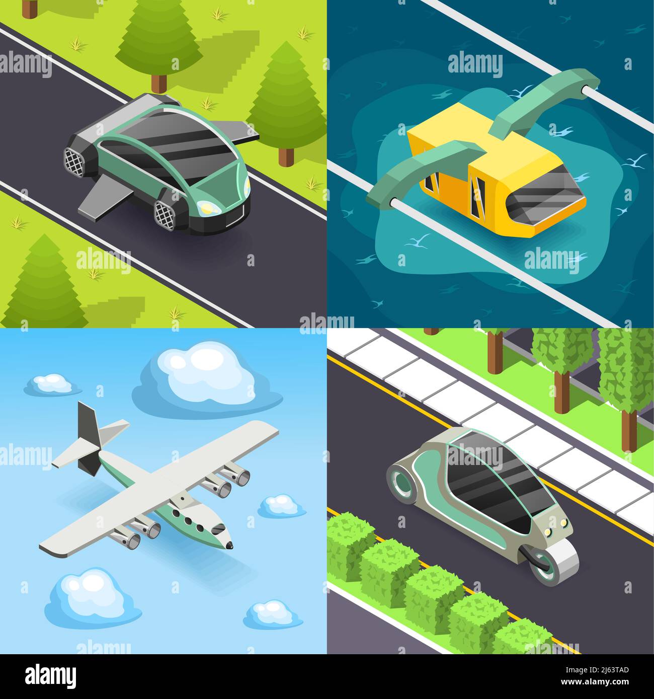Future transport 2x2 design concept set of flying and land transport ...