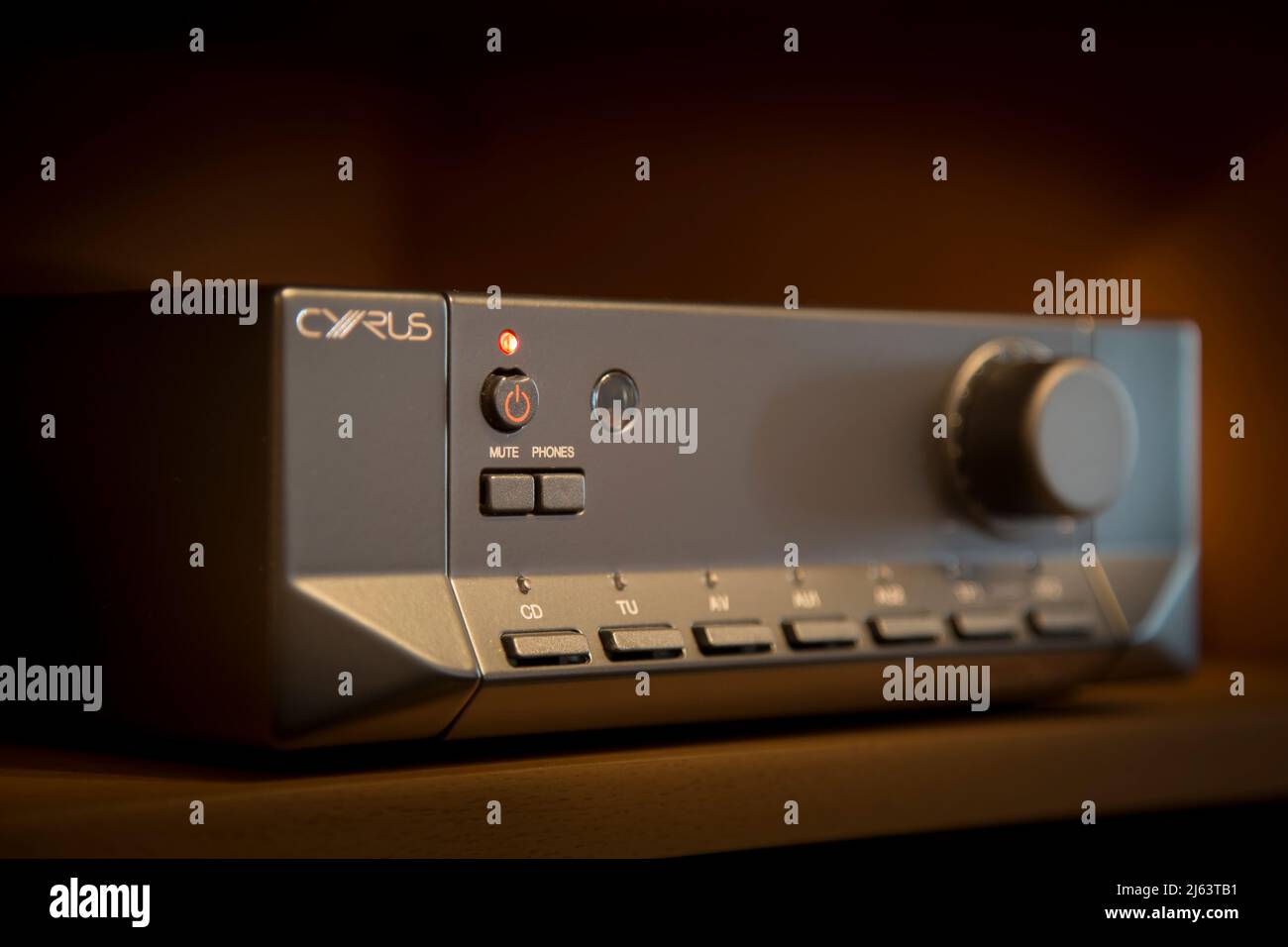 Close up of Cyrus hi-fi equipment with power standby button left on ...