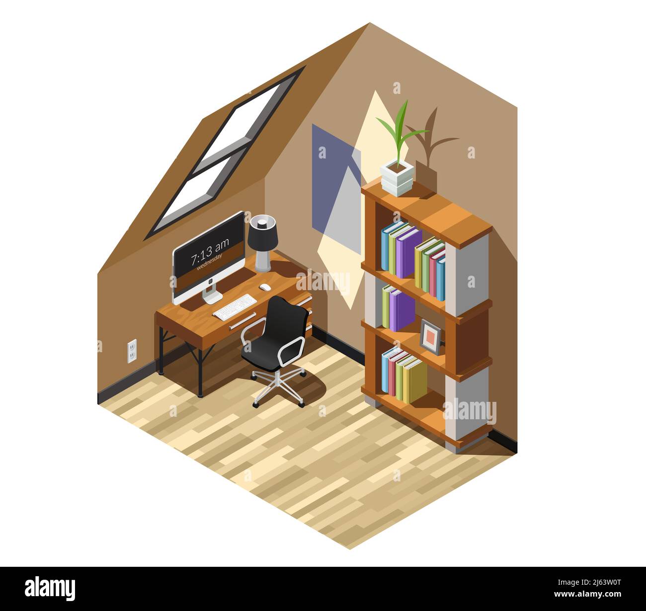 Home workplace interior in beige color with computer desk, bookcase ...