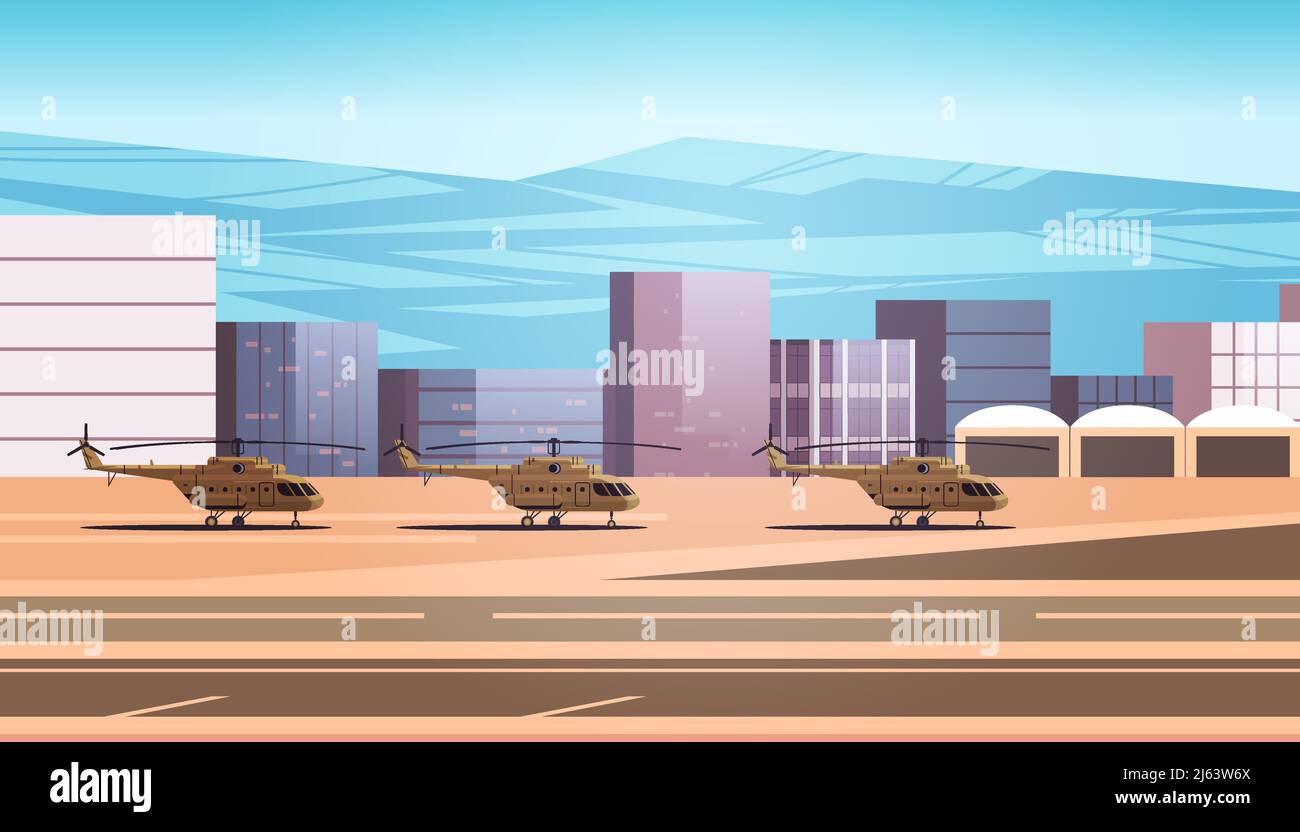 green helicopters special battle transport on military airport runway ...