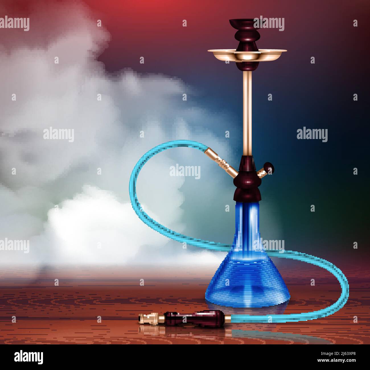 Blue hookah and smoke with relaxation symbols blurred realistic vector ...