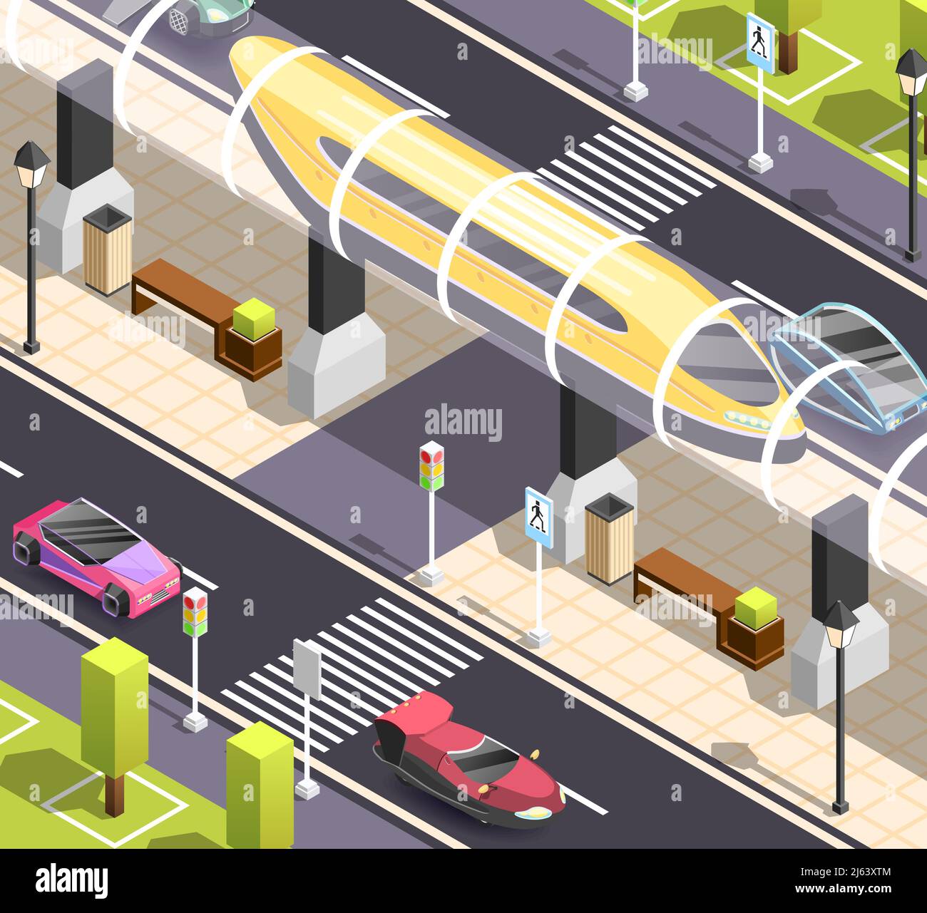 Futuristic city constructor isometric background with road sidewalk ...