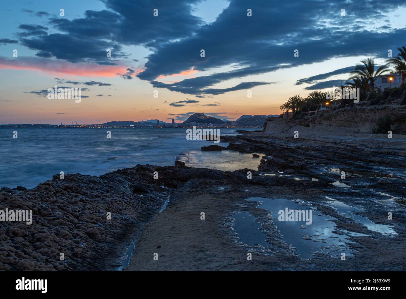 Panoramic at the blue hour from Cape Alicante city, Spain Stock Photo ...