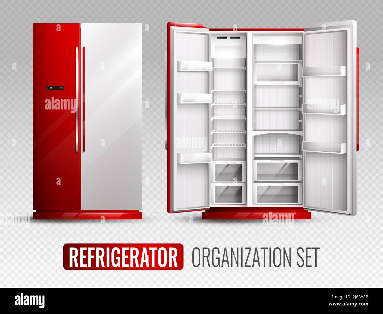 Refrigerator organization in red and white colors with opened and ...