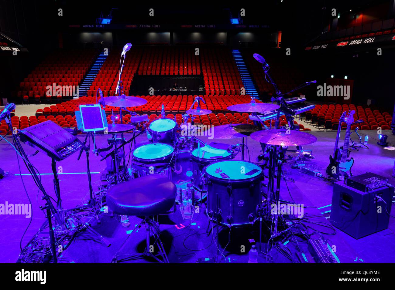 Instruments on stage ready for a performance at the Bonus Arena in Hull ...