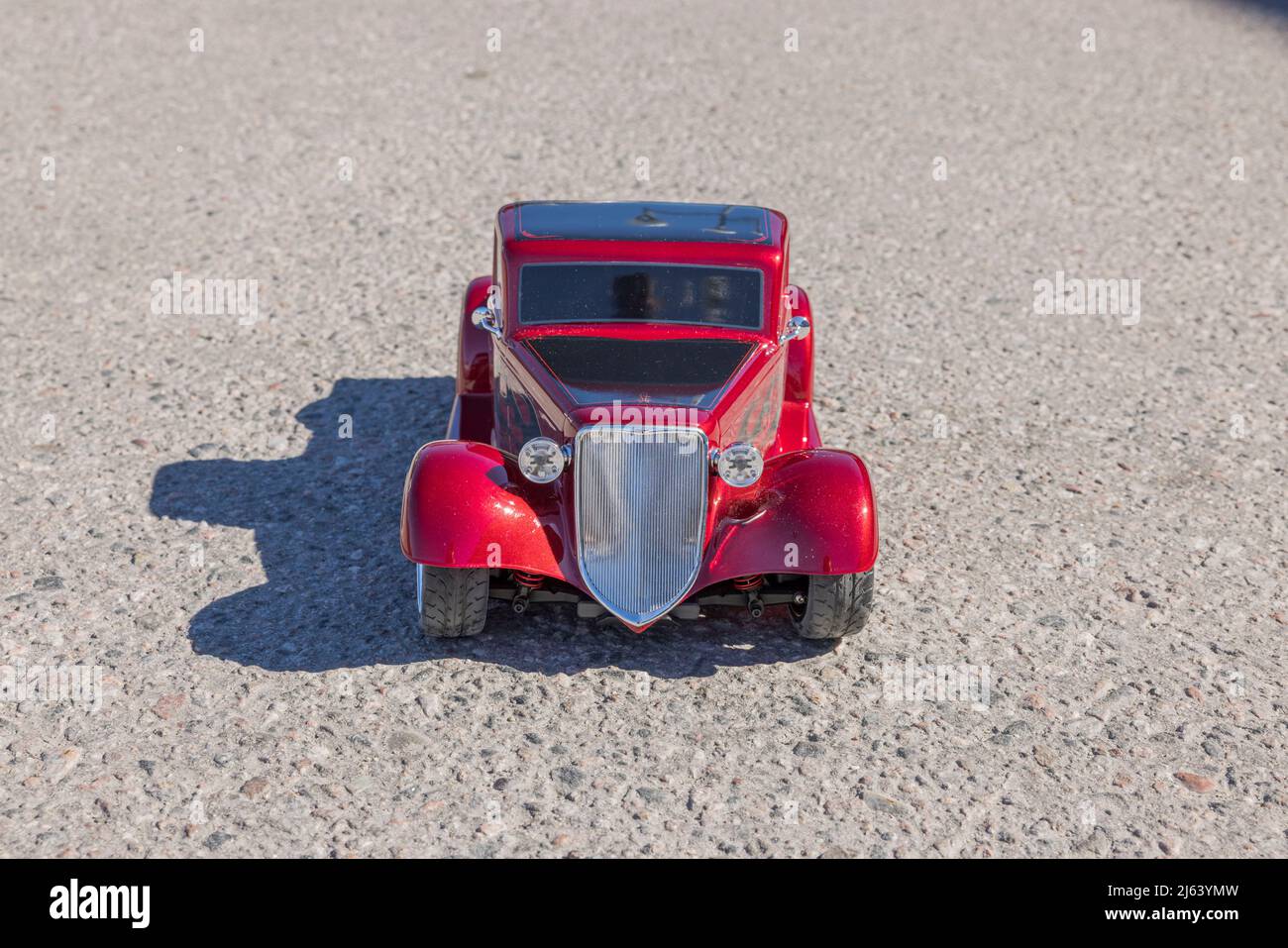 Close up front view of radio-controlled model of an old passenger car ...