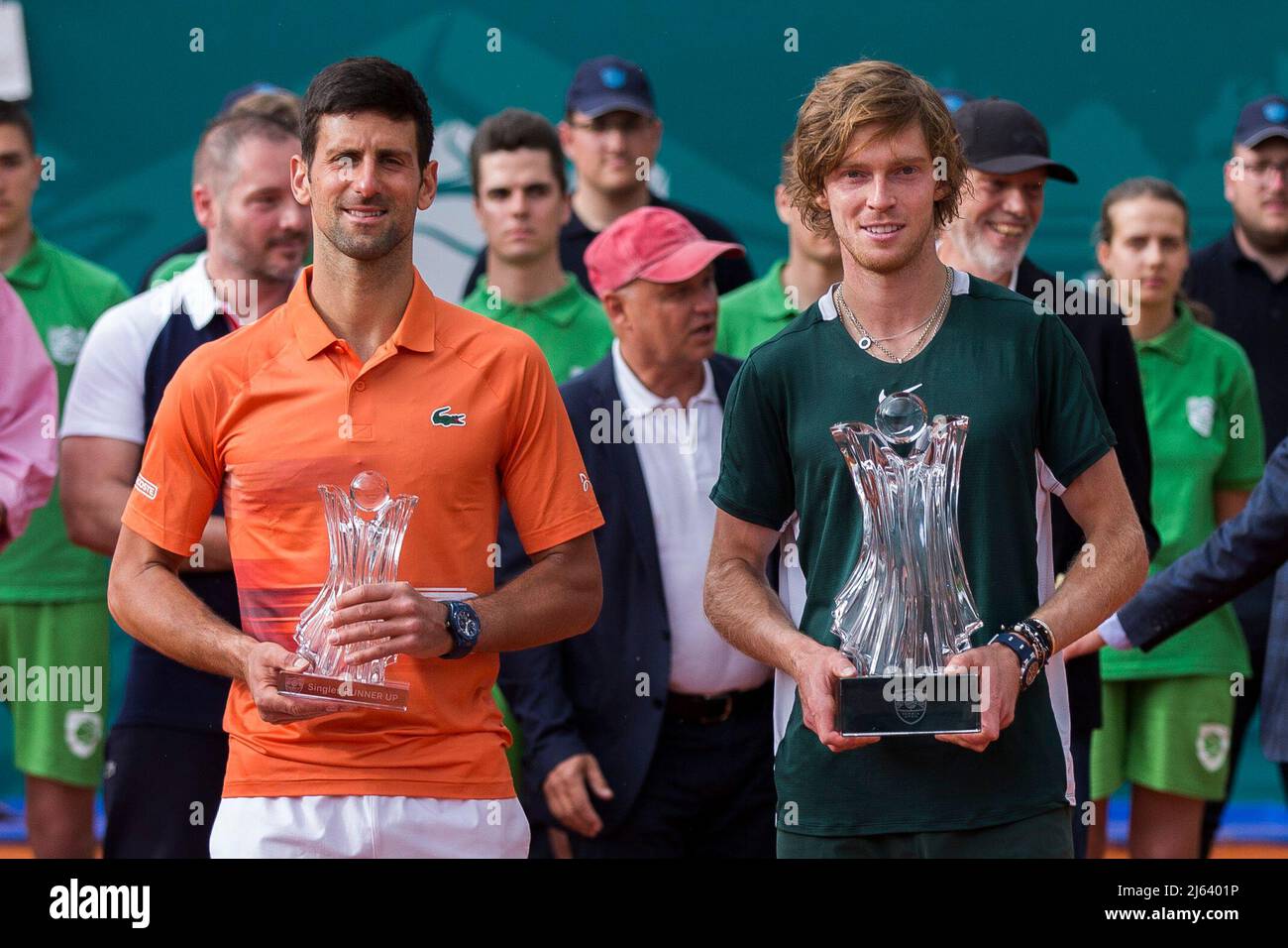 Novak Djokovic, Andrey Rublev posing with the trophy for the ...