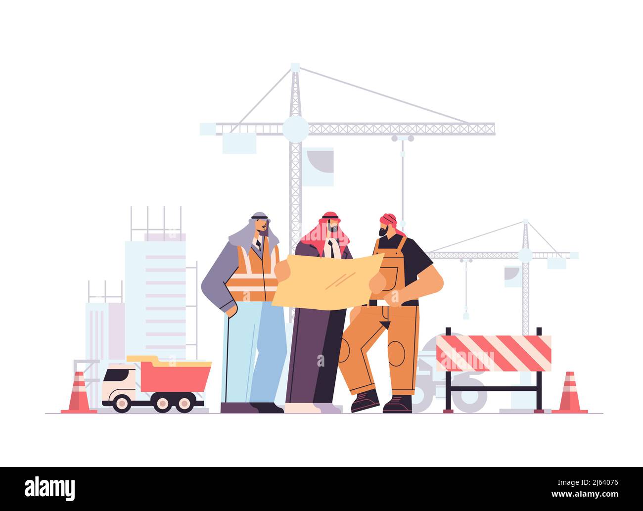 construction workers team holding blueprint arab industrial technicians builders group over city ...