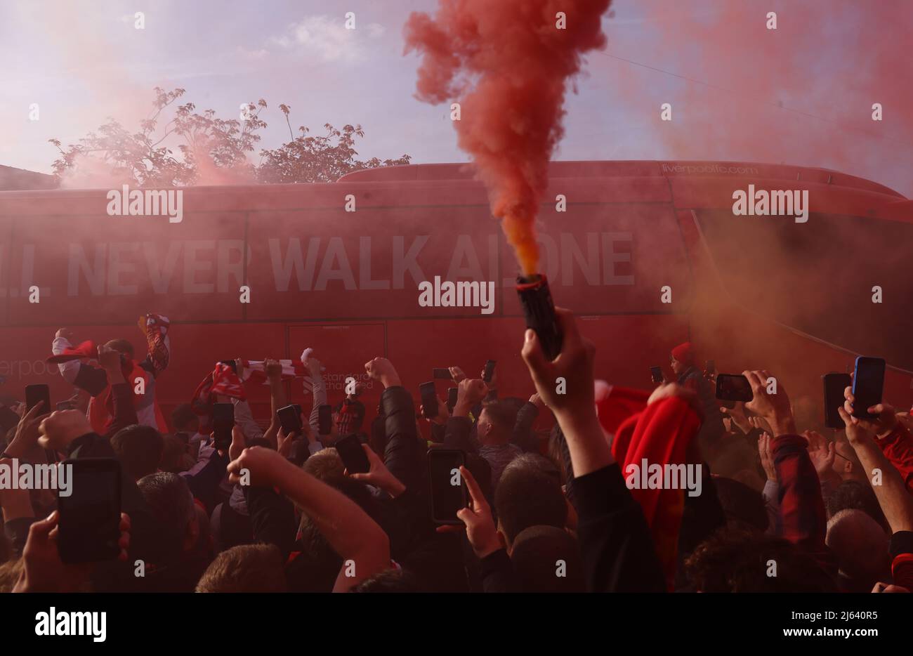 Liverpool, England, 27th April 2022. The Liverpool coach arrives behind ...