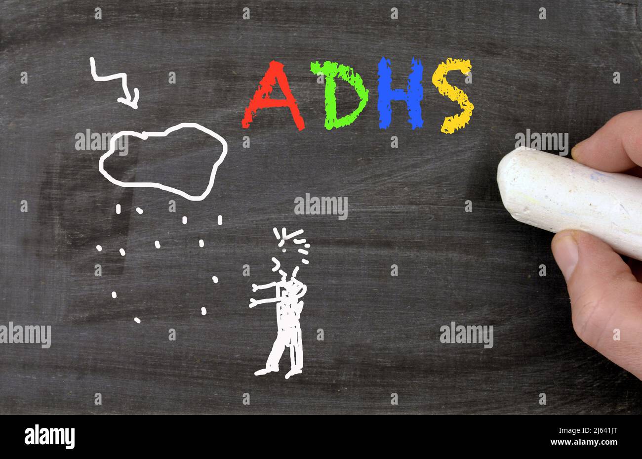 Blackboard written ADHS stress symbol with person Stock Photo - Alamy