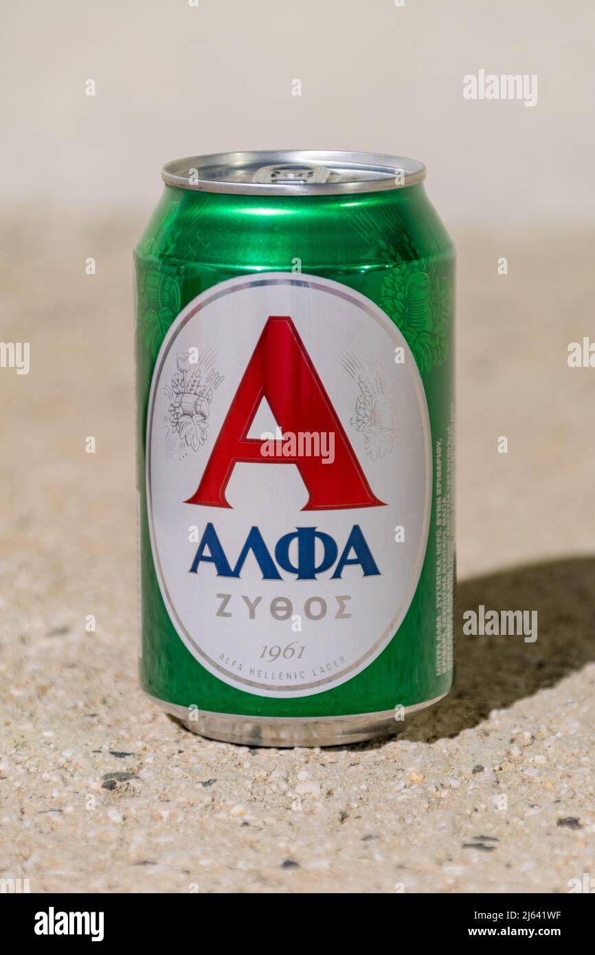 Paphos, Cyprus - April 2, 2022: Can of Alfa Hellenic lager beer Stock ...