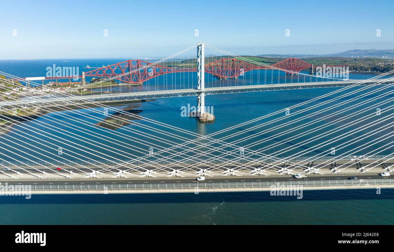 Aerial view from drone of the Three Bridges ( Queensferry Crossing ...
