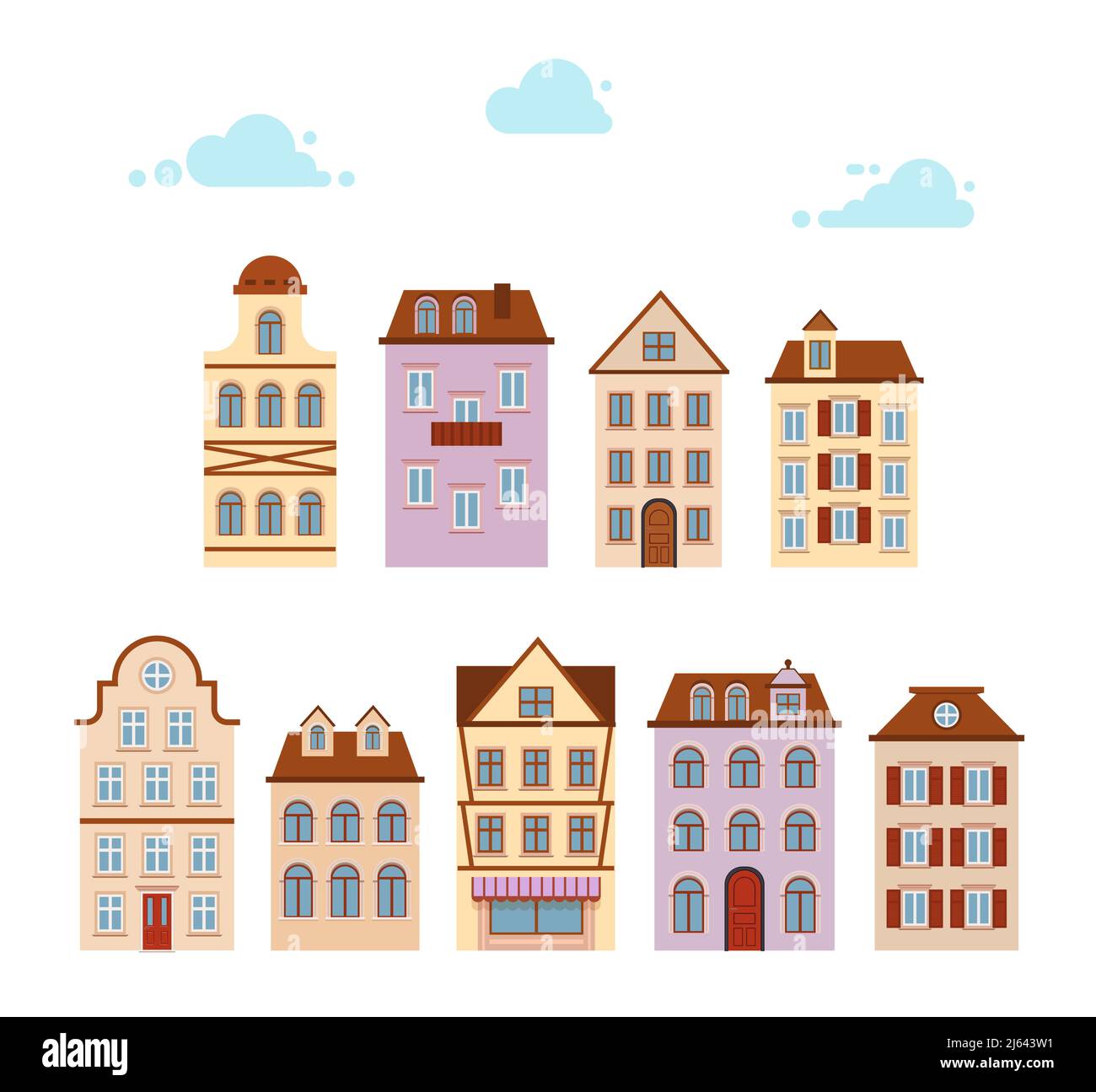 Set Houses icon. Old street european town. Urban landscape. retro home ...