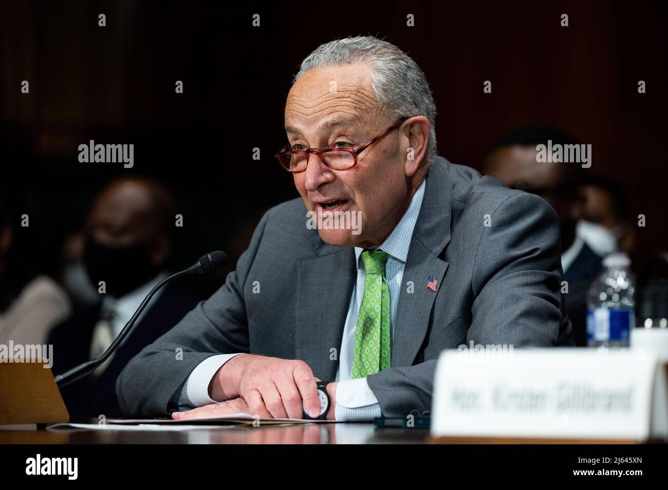 Senate Majority Leader Chuck Schumer (D-NY) speaking at a hearing of ...