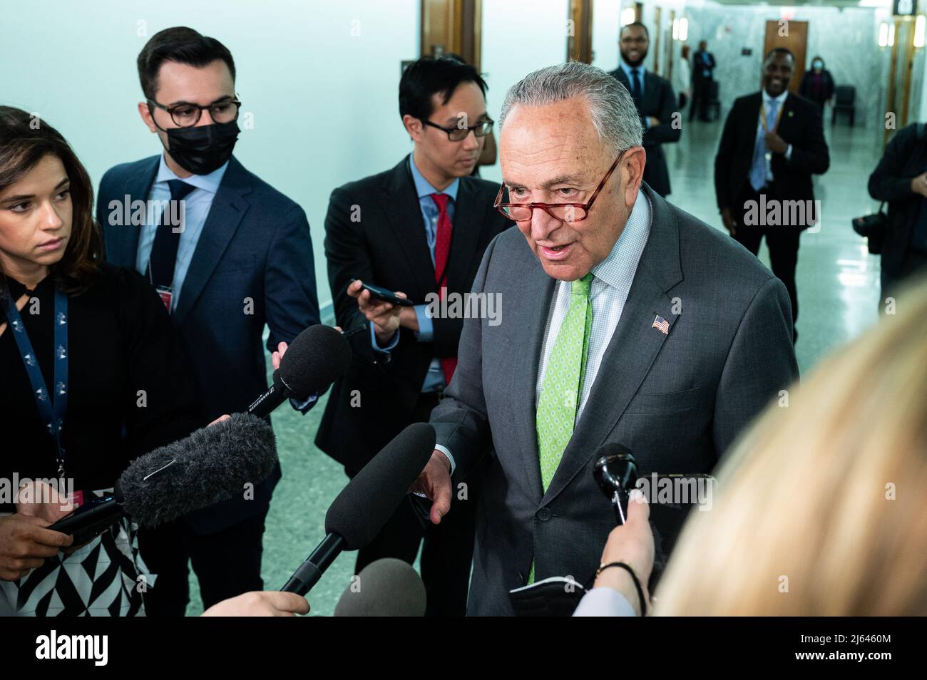 Senate Majority Leader Chuck Schumer (D-NY) speaking with the press ...