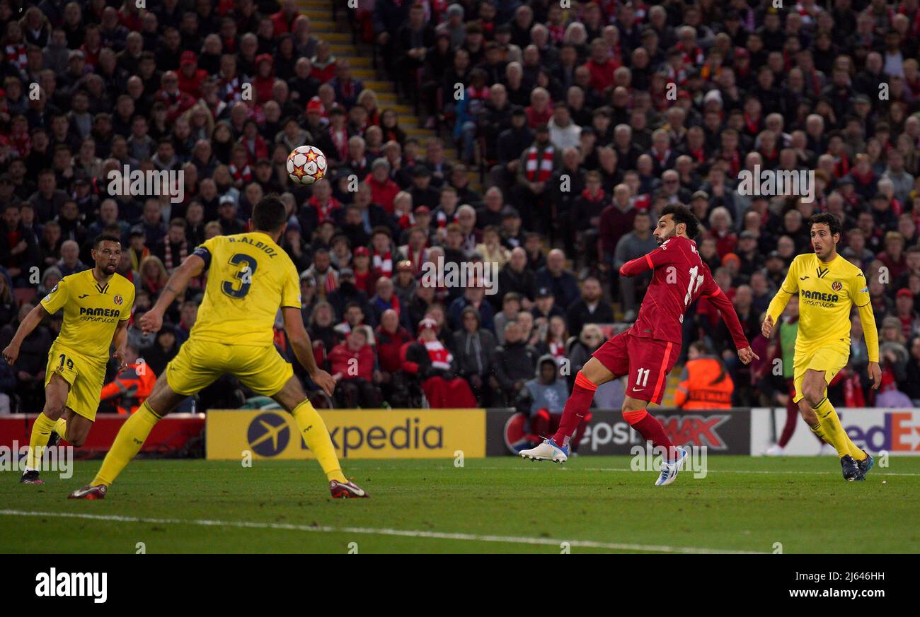 Liverpool's Mohamed Salah shoots and misses during the UEFA Champions ...