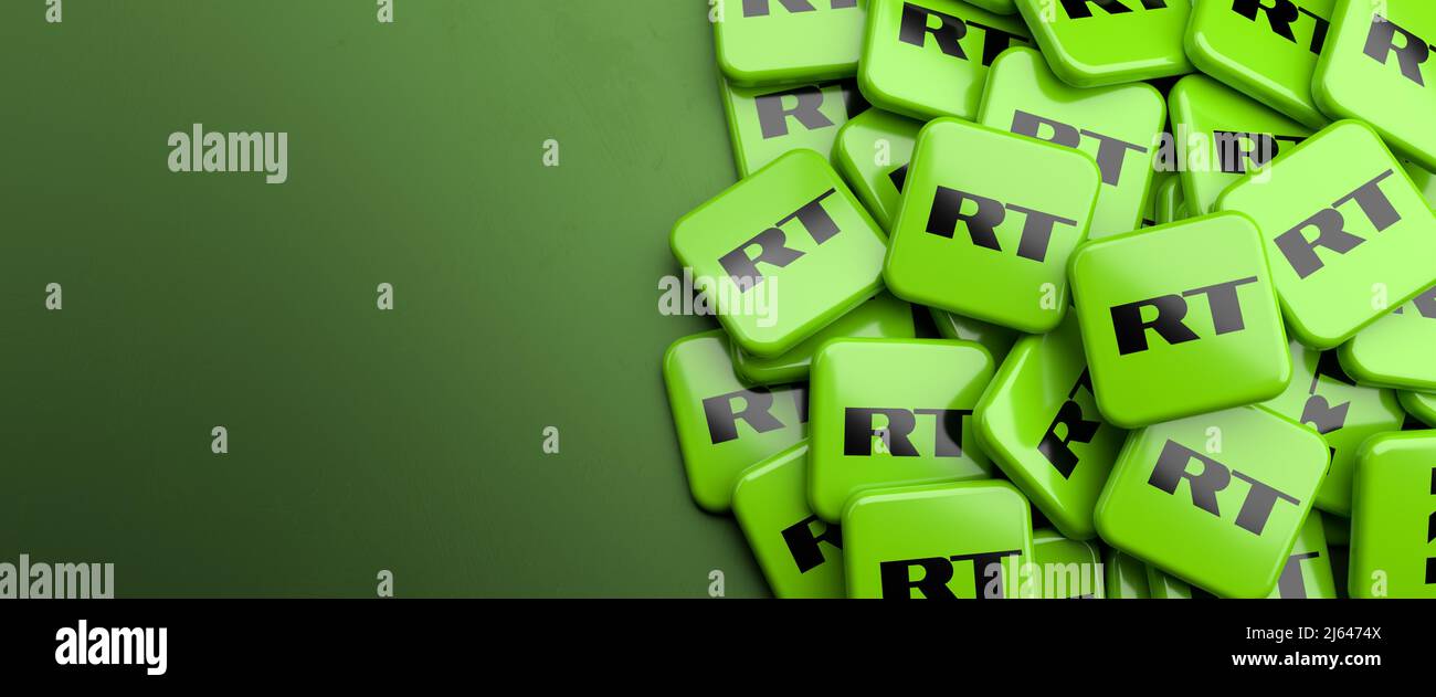 Logos of the Russian state-controlled tv channel Russia Today RT which ...