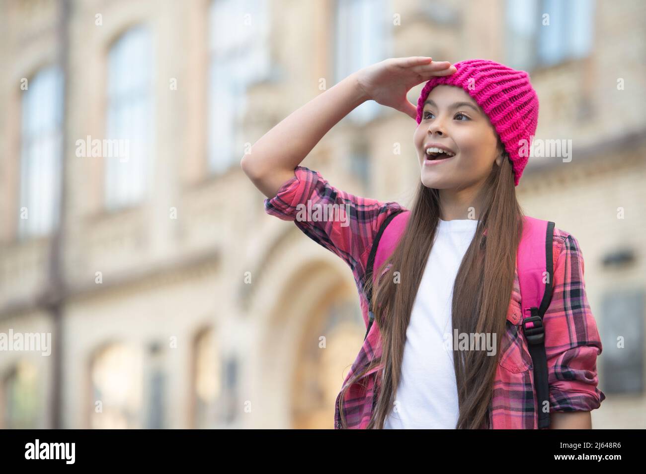 happy school child with backpack. greetings, back to school Stock Photo ...
