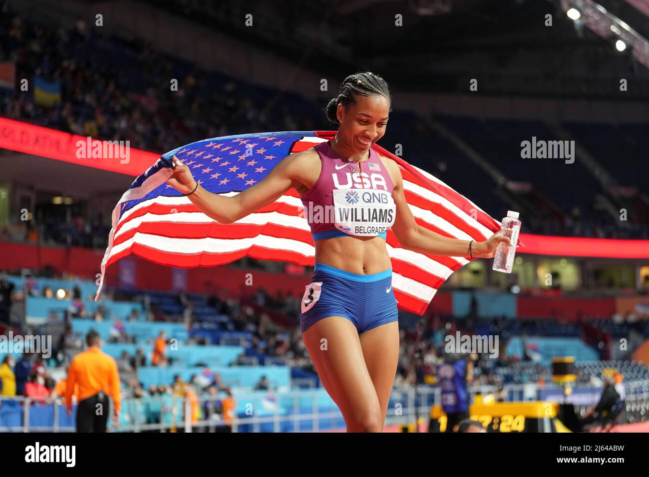 Kendel Williams with the USA flag at the Belgrade 2022 Indoor World ...
