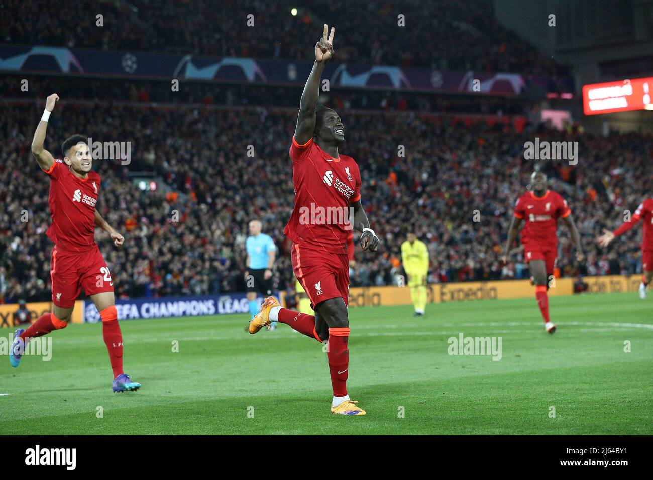 Liverpool, UK. 27th Apr, 2022. Sadio Mane of Liverpool celebrates after ...