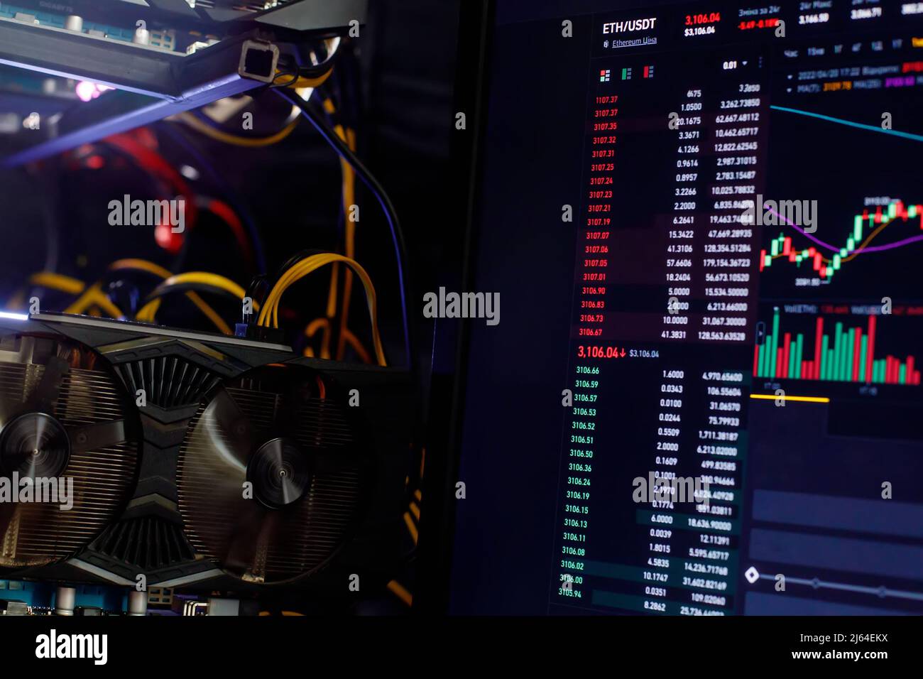 Graphics cards in rig for ethereum mining farm on background Stock ...