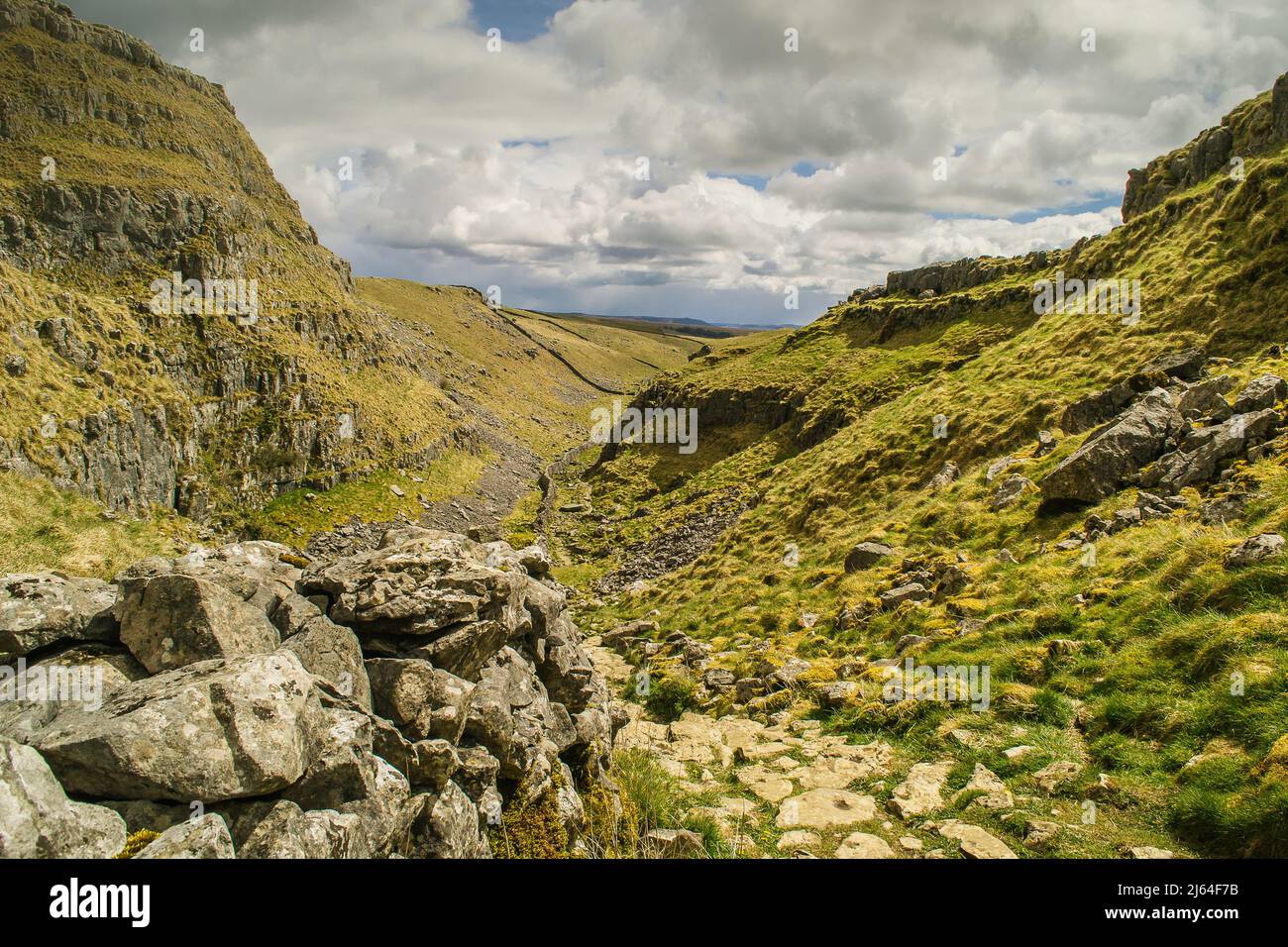 View looking down the rugged dry valley of Watlowes in the Yorkshire ...