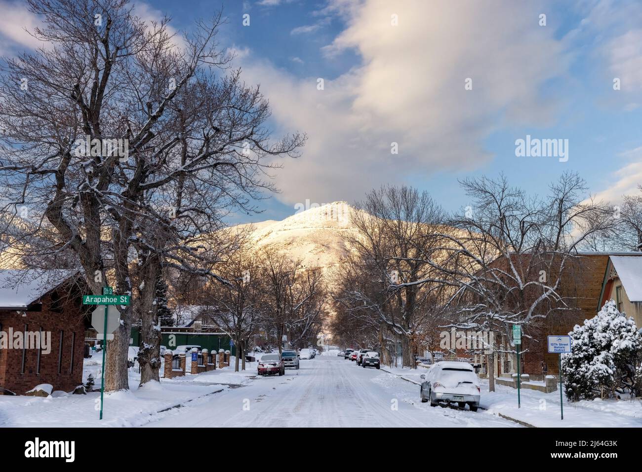 Snow-covered street (12th Street Historic District) in downtown Golden ...