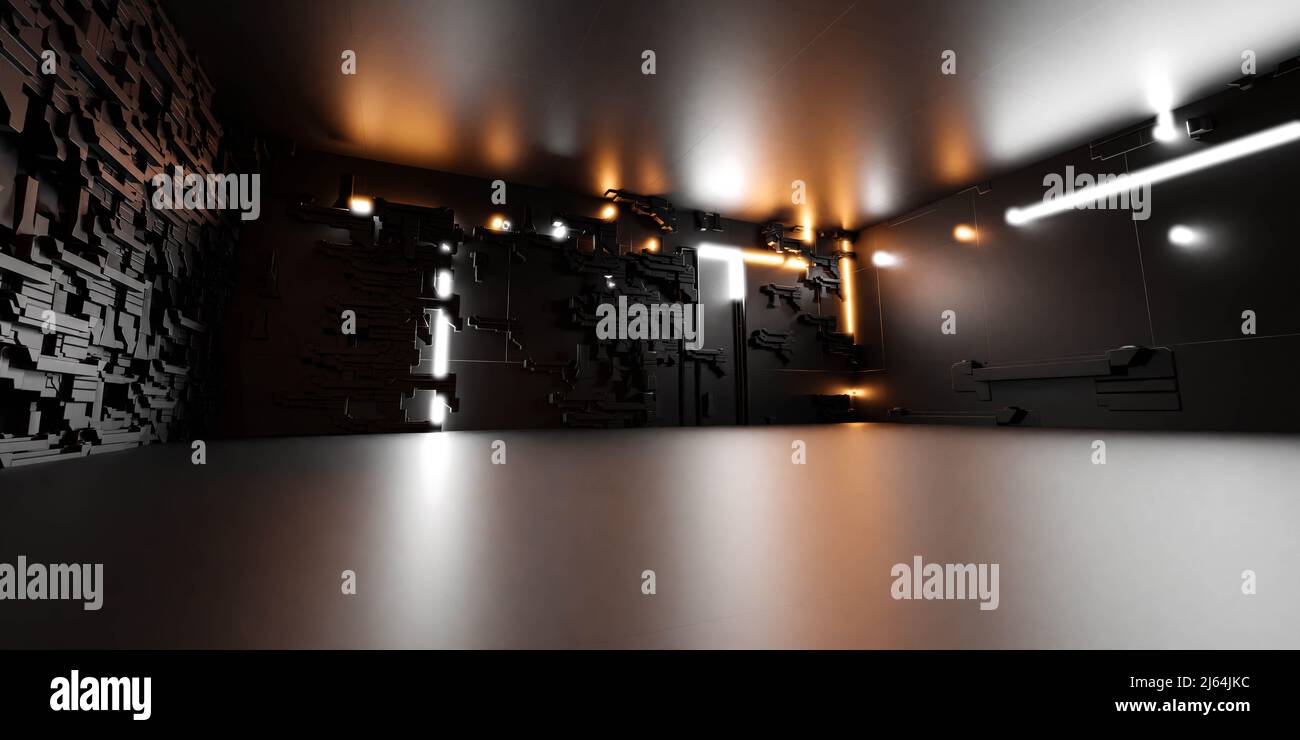 futuristic dark cyber punk lab laboratory style studio room 3d render ...