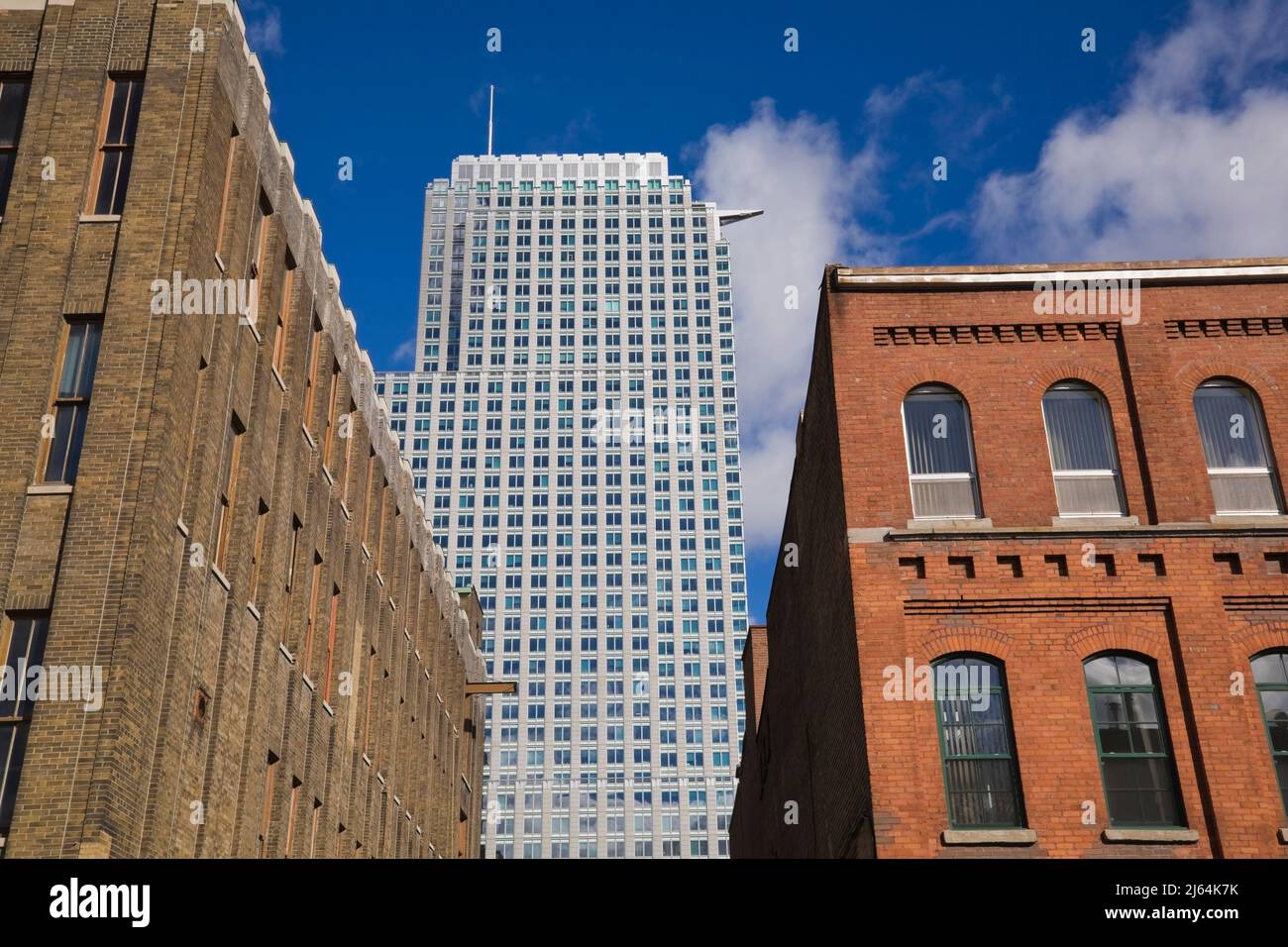 View of a modern architectural office tower building between two older ...