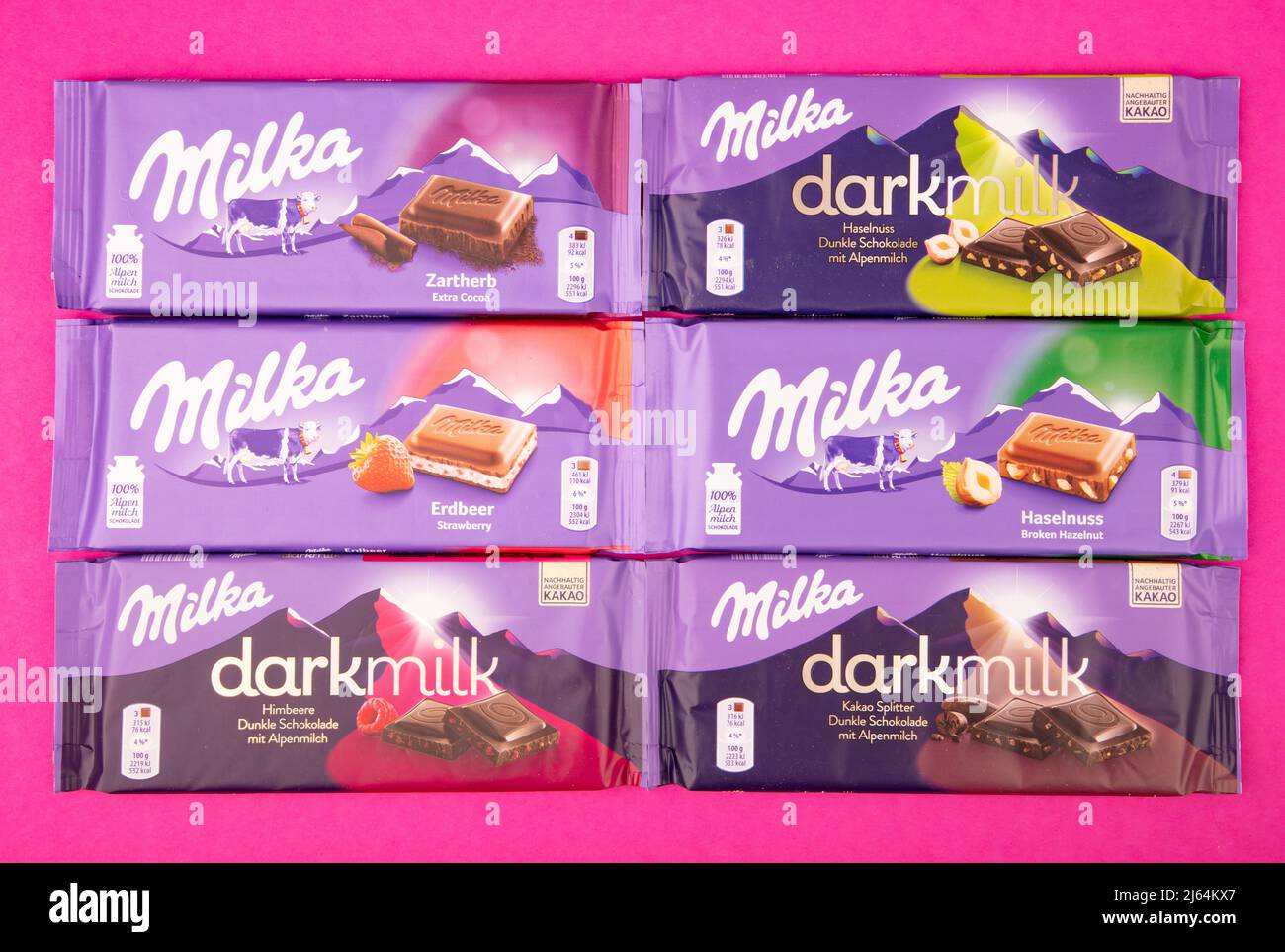 WETZLAR; GERMANY - 2022-04-11: Milka chocolate bar on purple background ...