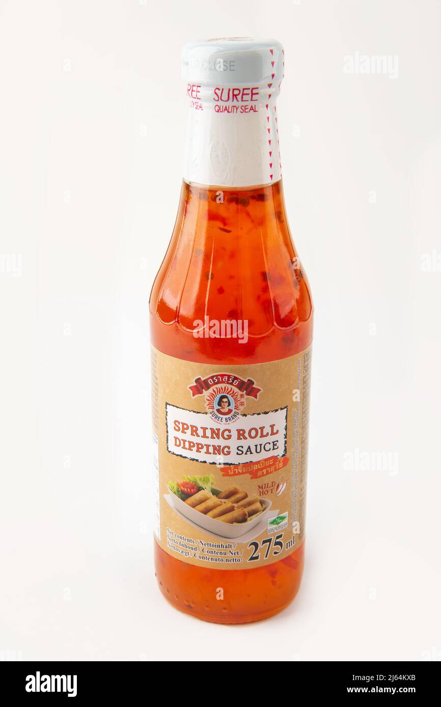 WETZLAR, GERMANY - 2022-04-05: Bottle of SUREE Brand Spring Roll Dipping Sauce over white ...