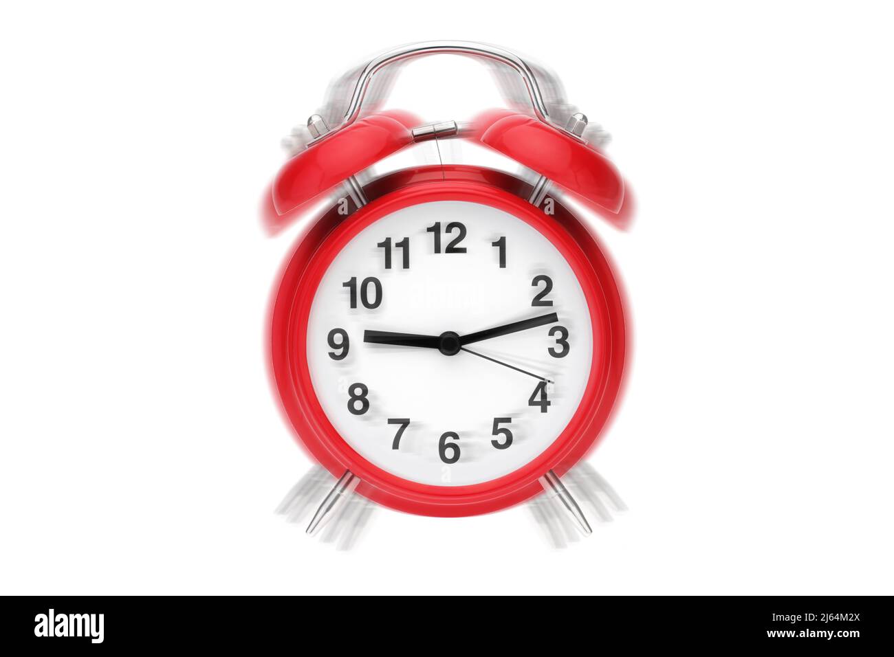 Ringing alarm clock. Red retro alarm clock on white with ringing effect ...