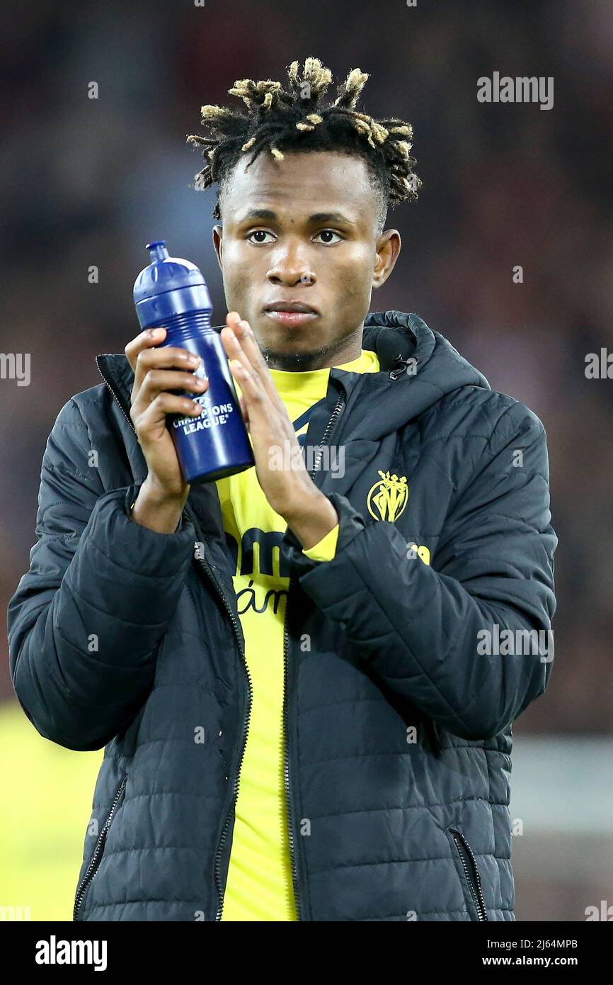 Liverpool, UK. 27th Apr, 2022. Samuel Chukwueze of Villarreal shows his ...