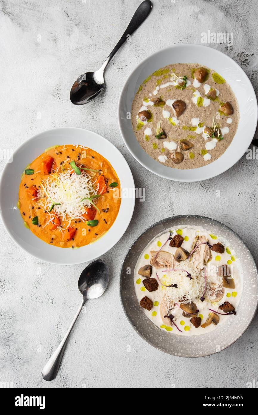 Soup Assortment. Set of various seasonal vegetable soups and organic ...